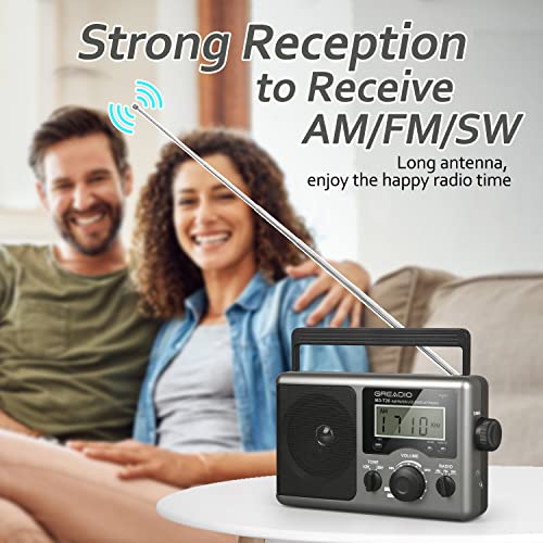 Greadio Portable Shortwave Radio,AM FM Transistor Radio with Best Reception,LCD Display,Time Setting,Battery Operated by 4 D Cell Batteries or AC Power,Big Speaker,Earphone Jack for Gift,Elder,Home