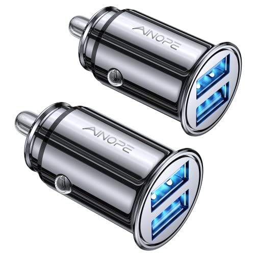 AINOPE 2 Pack Fast Mini Car Charger Adapter, 4.8A Metal Cigarette Lighter USB Car Charger Flush Fit, Dual Port Compatible with iPhone 14 13 12 Pro Max 8 Plus 7 6s, Samsung Galaxy S23/10/9/8/7, iPad