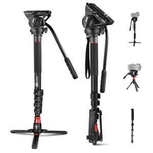 neewer professional camera monopod with feet, 70.5″/179cm telescopic portable aluminum travel monopod & pan tilt fluid head & removable tripod base for dslr camera camcorder, max load 13.2lb/6kg, gm76