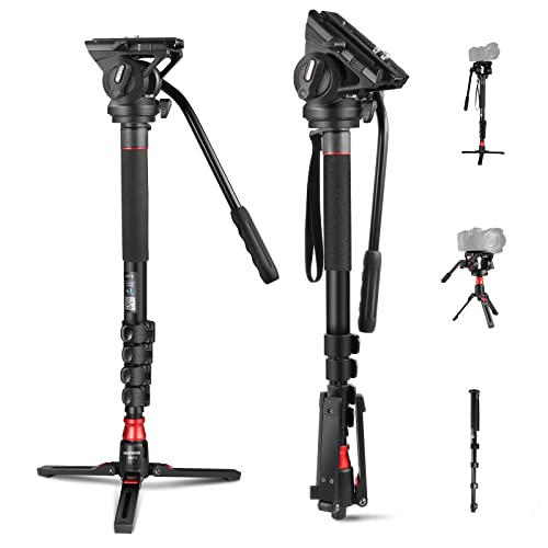 NEEWER Professional Camera Monopod with Feet, 70.5"/179cm Telescopic Portable Aluminum Travel Monopod & Pan Tilt Fluid Head & Removable Tripod Base for DSLR Camera Camcorder, Max Load 13.2lb/6Kg, GM76