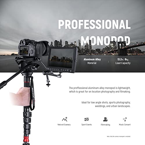 NEEWER Professional Camera Monopod with Feet, 70.5"/179cm Telescopic Portable Aluminum Travel Monopod & Pan Tilt Fluid Head & Removable Tripod Base for DSLR Camera Camcorder, Max Load 13.2lb/6Kg, GM76