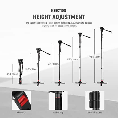 NEEWER Professional Camera Monopod with Feet, 70.5"/179cm Telescopic Portable Aluminum Travel Monopod & Pan Tilt Fluid Head & Removable Tripod Base for DSLR Camera Camcorder, Max Load 13.2lb/6Kg, GM76