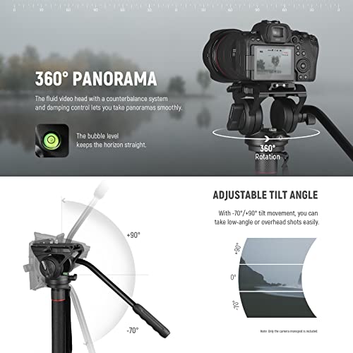 NEEWER Professional Camera Monopod with Feet, 70.5"/179cm Telescopic Portable Aluminum Travel Monopod & Pan Tilt Fluid Head & Removable Tripod Base for DSLR Camera Camcorder, Max Load 13.2lb/6Kg, GM76