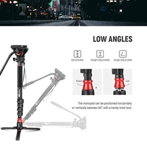 NEEWER Professional Camera Monopod with Feet, 70.5"/179cm Telescopic Portable Aluminum Travel Monopod & Pan Tilt Fluid Head & Removable Tripod Base for DSLR Camera Camcorder, Max Load 13.2lb/6Kg, GM76