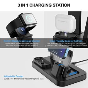 3 in 1 Charging Station for Apple Products, Removable Charging Stand for iPhone Series AirPods Pro/3/2/1, Charging Dock for Apple Watch SE/Ultra/8/7/6/5/4/3/2/1(with 15W Adapter and Cable)(Black)