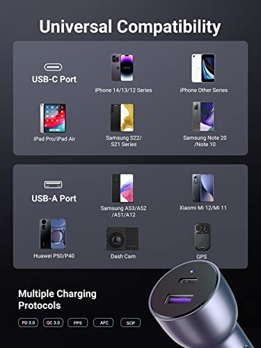 UGREEN USB C Car Charger, 52.5W Type C Car Charger PD 30W&QC 18W, Fast Car Charger Adapter Compatible with iPhone 14/13/12/11, iPad Pro/Mini/Air, Galaxy S23/S22/S21/S20/S10/Note 20, Pixel 7/6/5