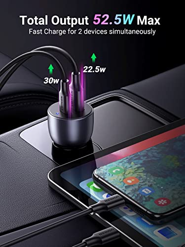 UGREEN USB C Car Charger, 52.5W Type C Car Charger PD 30W&QC 18W, Fast Car Charger Adapter Compatible with iPhone 14/13/12/11, iPad Pro/Mini/Air, Galaxy S23/S22/S21/S20/S10/Note 20, Pixel 7/6/5