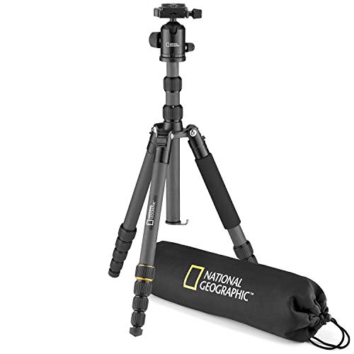 NATIONAL GEOGRAPHIC Travel Tripod Kit,90°Column 5-Section Legs, Carbon Fiber, Compatible with Canon, Nikon DSLR, Twist Locks 360 Degree Ball Head,Quick Release Plate, 8KG Load Capacity with Carry Bag