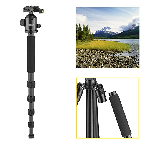 NATIONAL GEOGRAPHIC Travel Tripod Kit,90°Column 5-Section Legs, Carbon Fiber, Compatible with Canon, Nikon DSLR, Twist Locks 360 Degree Ball Head,Quick Release Plate, 8KG Load Capacity with Carry Bag