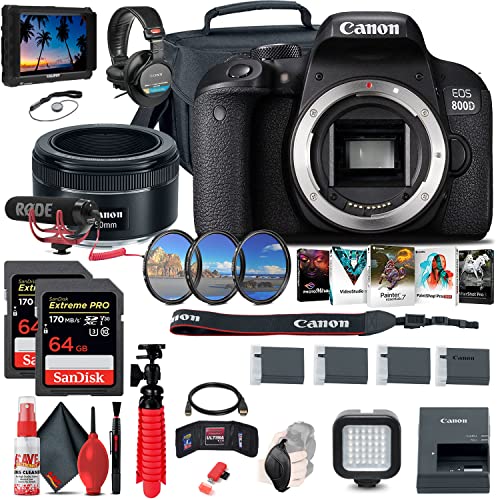 Canon EOS Rebel 800D / T7i DSLR Camera (Body Only) + 4K Monitor + Canon EF 50mm Lens + Pro Mic + Pro Headphones + 2 x 64GB Memory Card + Case + Corel Photo Software + More (Renewed)