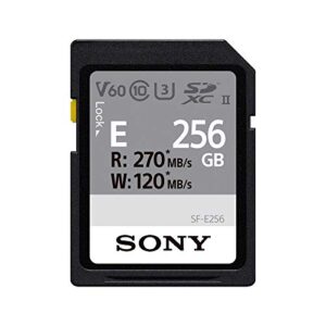 sony e series sdxc uhs-ii card 256gb, v60, cl10, u3, max r270mb/s, w120mb/s (sf-e256/t1), black, small