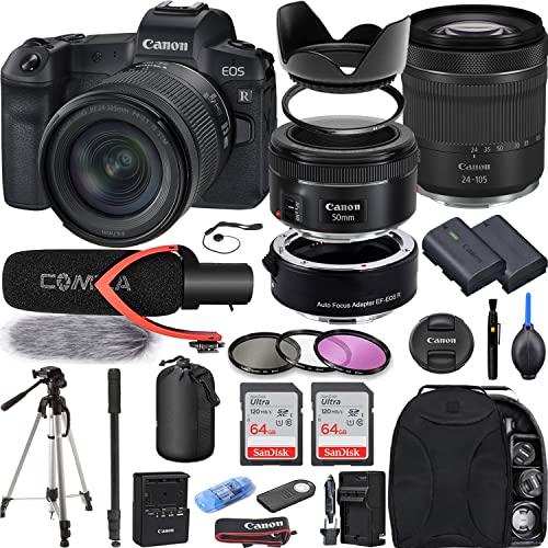 Camera Bundle for Canon EOS R Mirrorless Camera with RF 24-105mm f/4-7.1 is STM, EF 50mm f/1.8 STM Lens + Mount Adapter EF-EOS R, Extra Battery, Pro Microphone + Accessories Kit (Renewed)