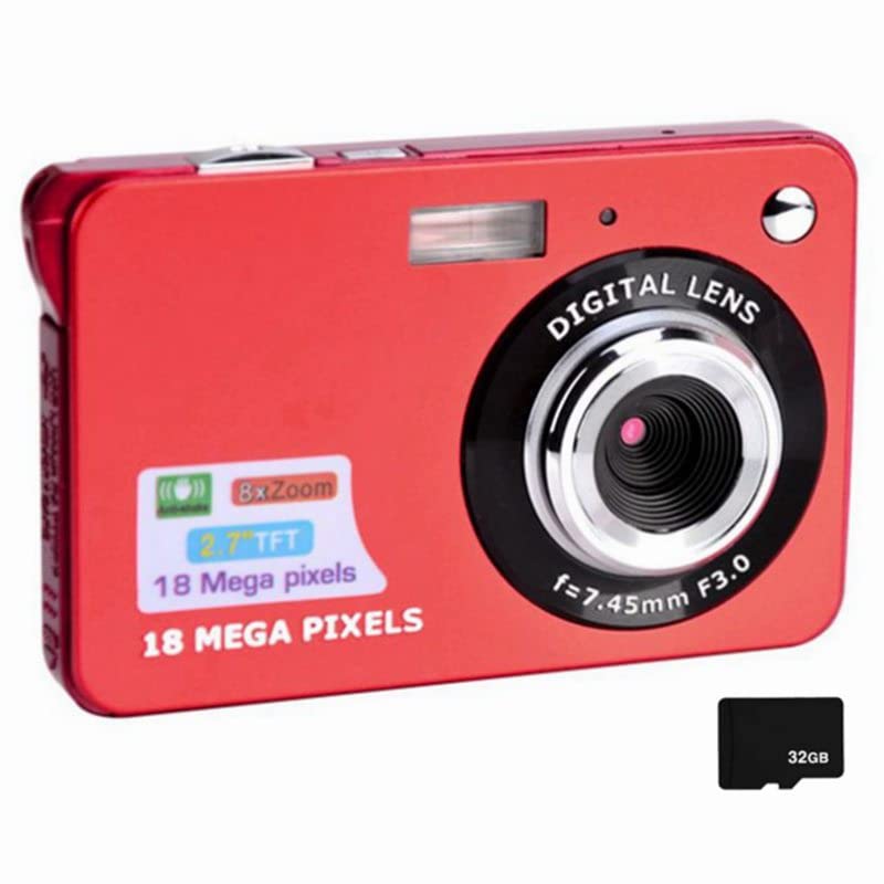 Digital Camera, Compact Camera,2.7 inch Pocket Camera,Rechargeable Small Digital Camera for Kids,School,Children,Adults,Photography with Digital Zoom(32GB SD Card Included,1 Battery) (Red)