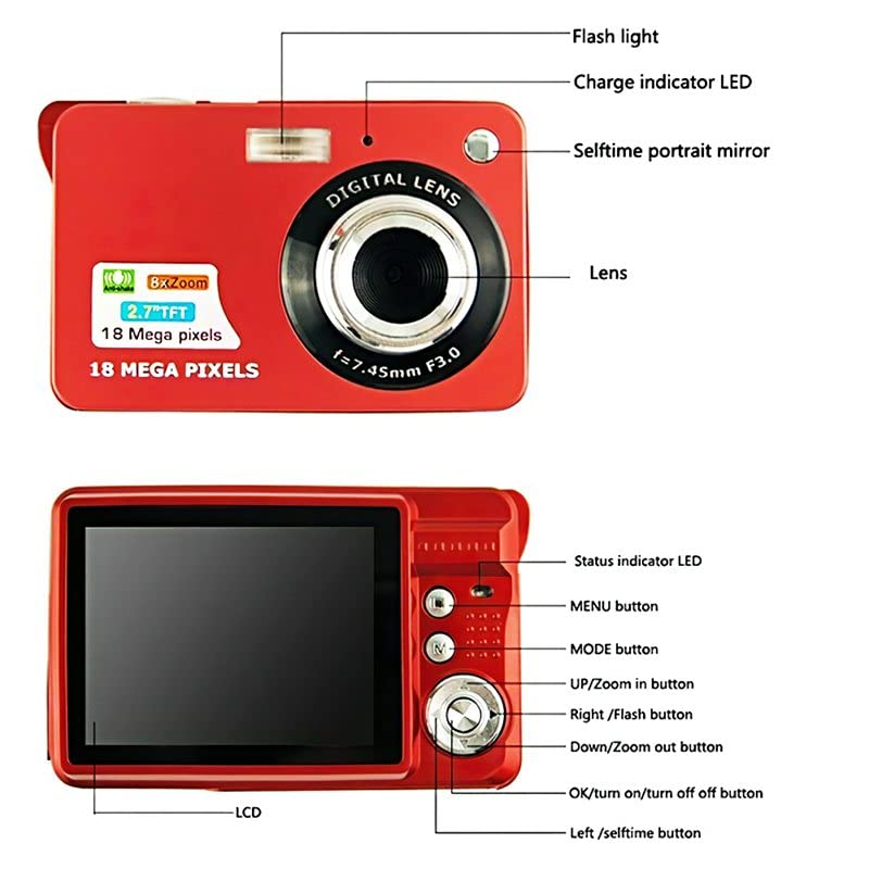 Digital Camera, Compact Camera,2.7 inch Pocket Camera,Rechargeable Small Digital Camera for Kids,School,Children,Adults,Photography with Digital Zoom(32GB SD Card Included,1 Battery) (Red)