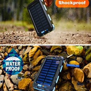 Solar Charger Power Bank 20000mAh, Portable Solar Pone Charger with Compass,Carabiner, Whistle,Flashlights,Solar Panel Charger,Camping Gear Accessory (Blue)