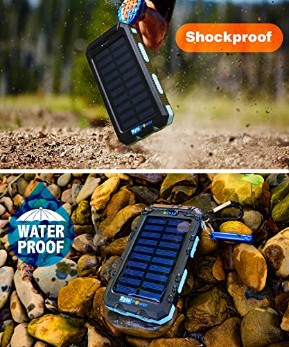 Solar Charger Power Bank 20000mAh, Portable Solar Pone Charger with Compass,Carabiner, Whistle,Flashlights,Solar Panel Charger,Camping Gear Accessory (Blue)