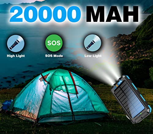 Solar Charger Power Bank 20000mAh, Portable Solar Pone Charger with Compass,Carabiner, Whistle,Flashlights,Solar Panel Charger,Camping Gear Accessory (Blue)