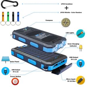 Solar Charger Power Bank 20000mAh, Portable Solar Pone Charger with Compass,Carabiner, Whistle,Flashlights,Solar Panel Charger,Camping Gear Accessory (Blue)