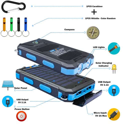 Solar Charger Power Bank 20000mAh, Portable Solar Pone Charger with Compass,Carabiner, Whistle,Flashlights,Solar Panel Charger,Camping Gear Accessory (Blue)