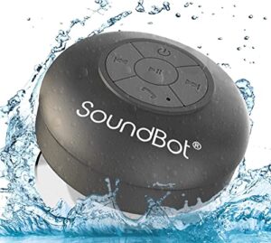 soundbot sb510 bluetooth shower speaker hd water resistant bathroom speakers, handsfree portable speakerphone with built-in mic, 6hrs of playtime, control buttons and dedicated suction cup (black)