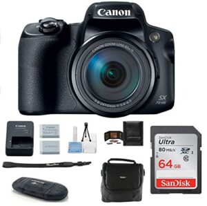 the powershot sx70 hs digital camera bundle, includes: 64gb sdxc class 10 memory card + spare battery + camera bag + more. (renewed)