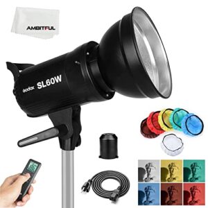 godox sl-60w cri 95+ led video light sl60w white 5600±300k version 60ws bowens mount wirelessly adjust brightness, 433mhz grouping system + reflector