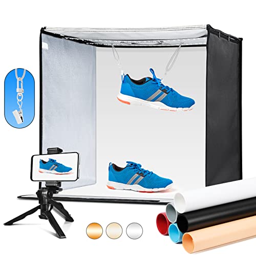 Photo Studio Light Box, Wisamic 24” × 24” Shooting Light Tent Kit Portable Tabletop Booth with 244 LED Brightness Adjustable and 6 Colored Backdrops for Continuous Lighting Product Photography