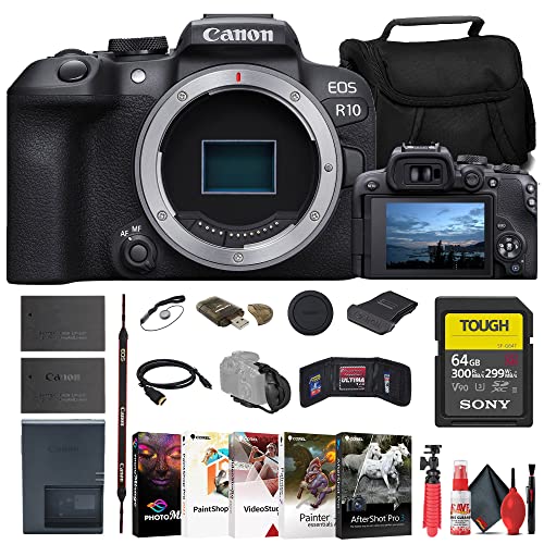 Canon EOS R10 Mirrorless Camera (5331C002) + Sony 64GB Tough SD Card + Bag + Charger + LPE17 Battery + Card Reader + Corel Photo Software + HDMI Cable + Flex Tripod + Hand Strap + More (Renewed)