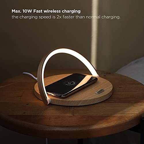 mooas Modern Simple Wireless Charging Nightlight (Wood), Max.15W Fast Wireless Charger, Touch Control, 3-Level Brightness, for Galaxy S10/S20/Note 10, iPhone X/11/11 Pro, Airpods 2, LG V50/G7/G8