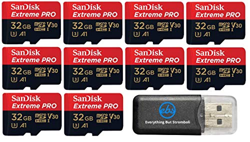 32GB SanDisk Extreme Pro (Ten Pack) 4K Micro Memory Card (SDSQXCG-032G-GN6MA) Class 10 U3 V30 A1 32G MicroSD HC SDHC Bundle with Everything But Stromboli Card Reader