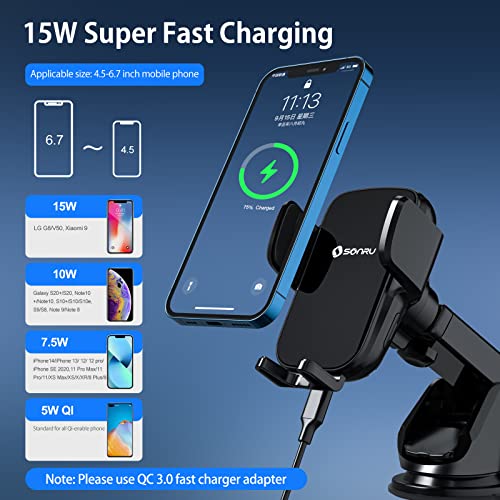 Wireless Car Charger Mount, SONRU 15W Fast Charging Auto-Clamping Car Phone Holder, Windshield Dashboard Air Vent Car Charging Holder for iPhone Samsung Google LG etc