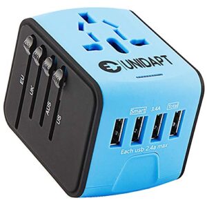 unidapt universal travel adapter, international plug adapter fast 2,4a 4-usb european power plug, ac wall charger – worldwide outlet for europe us usa uk eu aus, blue