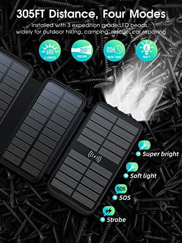 Solar Charger, Power-Bank, Portable Charger,43800mAh QC3.0 Fast Charging Qi 10W Wireless Charger 4 Solar Panel Built-in 2 Kinds Output Cable and 680Lumen Bright flashlights