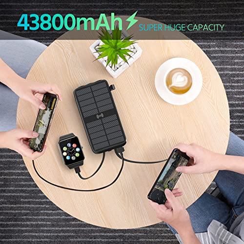 Solar Charger, Power-Bank, Portable Charger,43800mAh QC3.0 Fast Charging Qi 10W Wireless Charger 4 Solar Panel Built-in 2 Kinds Output Cable and 680Lumen Bright flashlights