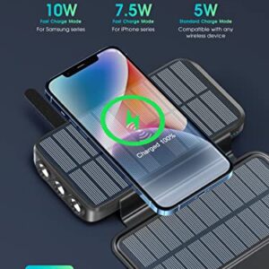 Solar Charger, Power-Bank, Portable Charger,43800mAh QC3.0 Fast Charging Qi 10W Wireless Charger 4 Solar Panel Built-in 2 Kinds Output Cable and 680Lumen Bright flashlights