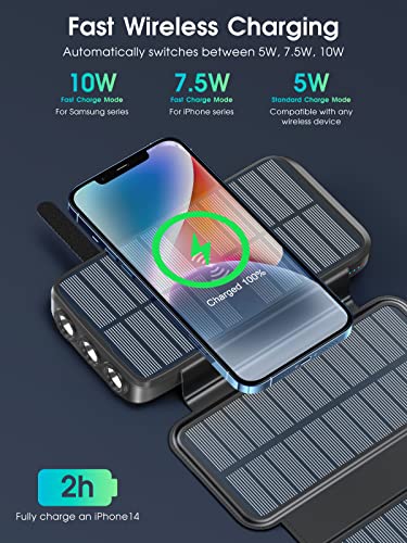 Solar Charger, Power-Bank, Portable Charger,43800mAh QC3.0 Fast Charging Qi 10W Wireless Charger 4 Solar Panel Built-in 2 Kinds Output Cable and 680Lumen Bright flashlights