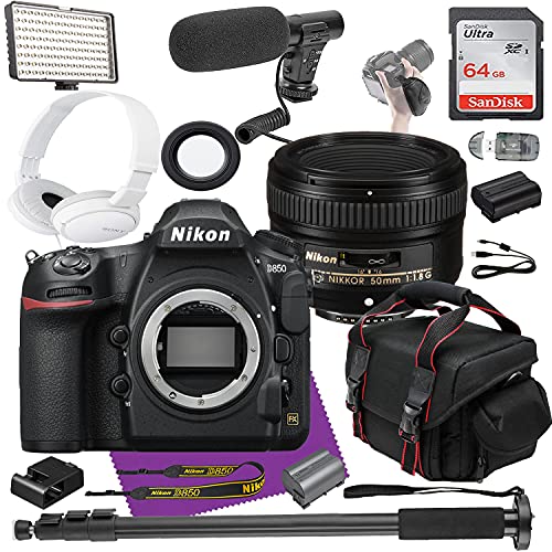 Nikon D850 FX-Format Digital SLR Camera with NIKKOR 50mm f/1.8 G Lens + Video Creator Bundle + Sandisk 64GB Memory Card