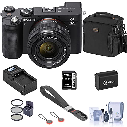 Sony Alpha 7C Mirrorless Digital Camera with FE 28-60mm f/4-5.6 Lens, Black, Bundle with Bag, 128GB SD Card, Extra Battery, Compact Charger, Wrist Strap, Filter Kit, Cleaning Kit