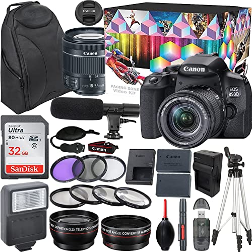 Camera Bundle for Canon EOS 850D / Rebel T8i DSLR Camera with EF-S 18-55mm f/4-5.6 is STM + Shotgun Microphone with Video Kit Accessories (32GB, Tripod, Flash, and More) (Renewed)