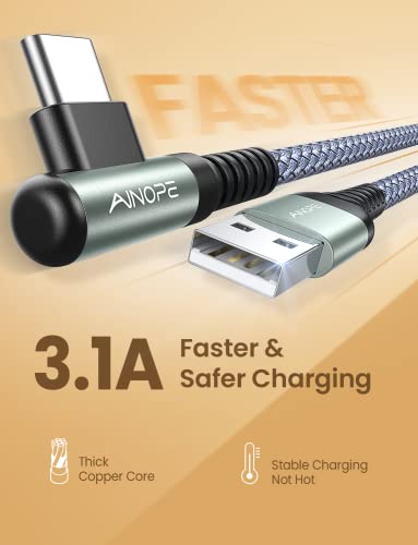 USB Type C Cable AINOPE [2-Pack, 6.6ft]3.1A USB Fast Charge Cable Right Angle，Durable Nylon Braided USB C Charging Cable Compatible with Galaxy S10 S9 S8 Plus S21, Note 10 9 8, LG V20, Type C Charger