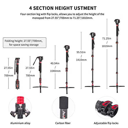 Avella CD324 Carbon Fiber Video Monopod Kit, with Fluid Head and Removable feet, 71 Inch Max Load 13.2 LB for Canon Nikon Sony Olympus Panasonic DSLR Camera