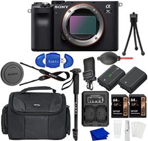 sony alpha a7c compact mirrorless camera bundle with extra battery, usb dual charger, 2x 64gb sdxc memory card, water resistant gadget bag, monopod + more