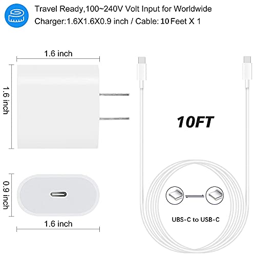 20W USB C Fast Charger with 10ft USB C to C Charging Cord for 2022/2021/2020/2018 iPad Pro 12.9 Gen 6/5/4/3, iPad Pro 11 Gen 4/3/2/1, iPad Air 5th/4th Generation, iPad 10th Generation, iPad Mini 6th