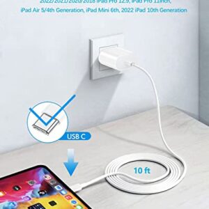 20W USB C Fast Charger with 10ft USB C to C Charging Cord for 2022/2021/2020/2018 iPad Pro 12.9 Gen 6/5/4/3, iPad Pro 11 Gen 4/3/2/1, iPad Air 5th/4th Generation, iPad 10th Generation, iPad Mini 6th