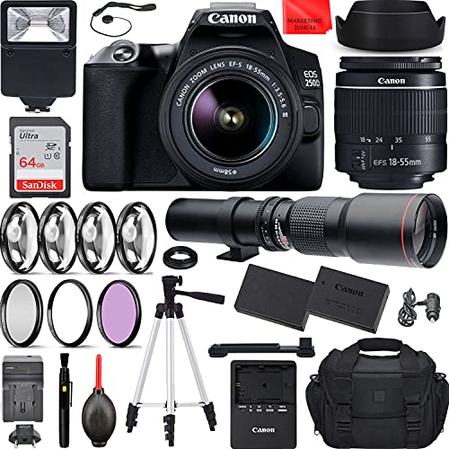 250D DSLR Camera with EF-S 18-55mm f/3.5-5.6 III (Rebel SL3), 500mm f/8.0 Preset Manual Focus Lens, Travel Bundle with Accessories (Extra Battery, Digital Flash, 64Gb Memory and More)