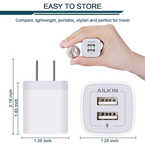 Wall Charger, 3Pack 5V/2.1A AILKIN 2-Port USB Wall Charger Home Travel Plug Power AC Adapter Fast Charging Block Cube for iPhone 14 13 12 SE 11Pro Max XS XR 8 Plus, Samsung Galaxy, Google Pixel LG Box