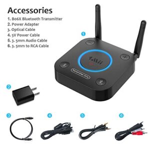 1Mii B06TX Bluetooth 5.0 Transmitter for TV to Wireless Headphone/Speaker, Bluetooth Adapter for TV w/Volume Control, AUX/RCA/Optical/Coaxial Audio Inputs, Plug n Play, aptX Low Latency & HD