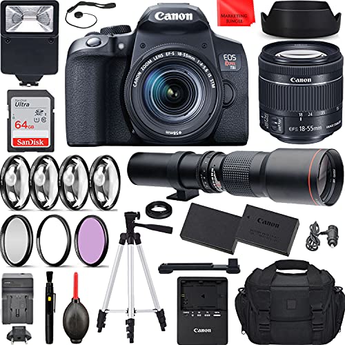 Rebel T8i DSLR Camera with EF-S 18-55mm f/4-5.6 is STM, 500mm f/8.0 Preset Manual Focus Lens, Travel Bundle with Accessories (Extra Battery, Digital Flash, 64Gb Memory and More)