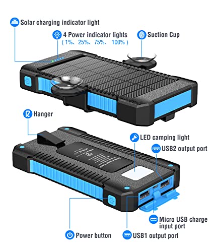 MetFut Solar Power Bank 38800mAh, Solar Charger with Suction Cup Mount Three Modes Flashlight-Steady/SOS/Strobe IPX7 Waterproof/Dustproof/Shockproof External Battery Pack 3 USB Charging Ports(Blue)