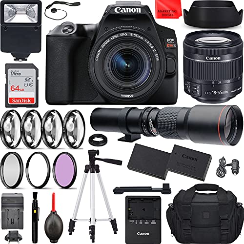 Rebel SL3 DSLR Camera with EF-S 18-55mm f/4-5.6 is STM, 500mm f/8.0 Preset Manual Focus Lens, Travel Bundle with Accessories (Extra Battery, Digital Flash, 64Gb Memory and More)